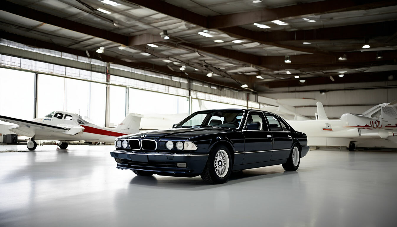 "BMW L7 (E38) 1996 (WW) stands near the Hangar, a Cessna 172 aircraft ...