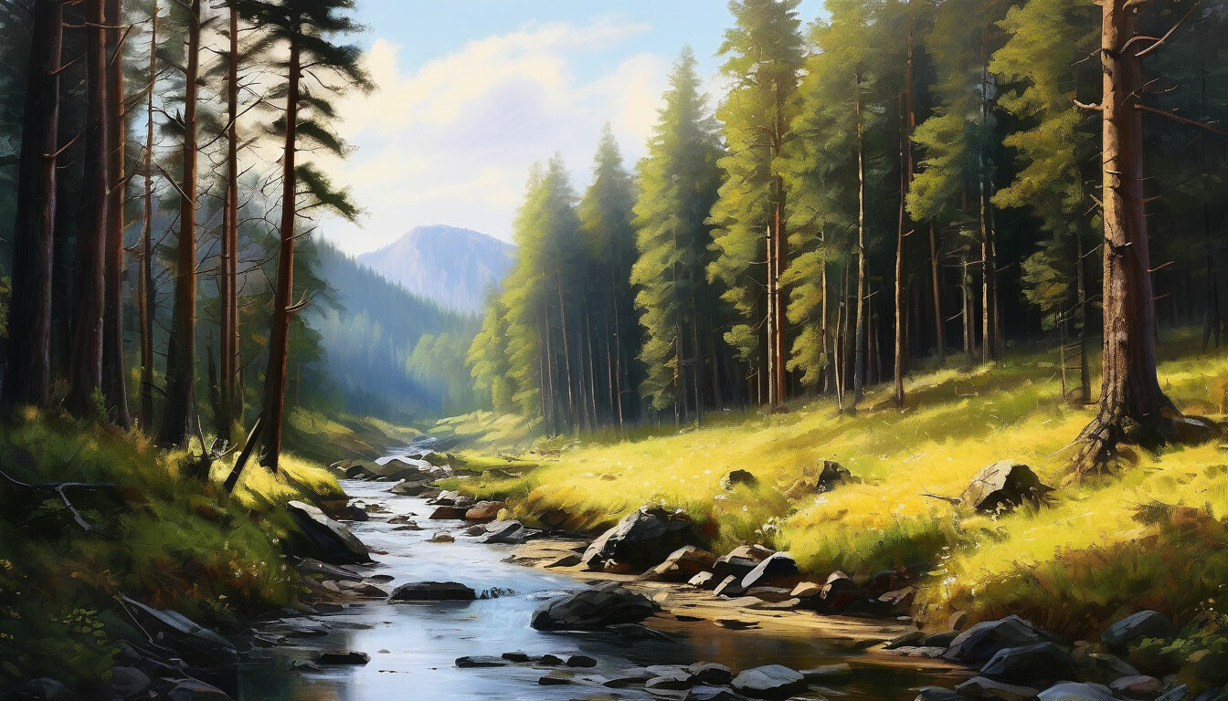 "Pine forest, mountain stream, gorge, motley grass, Shishkin style ...