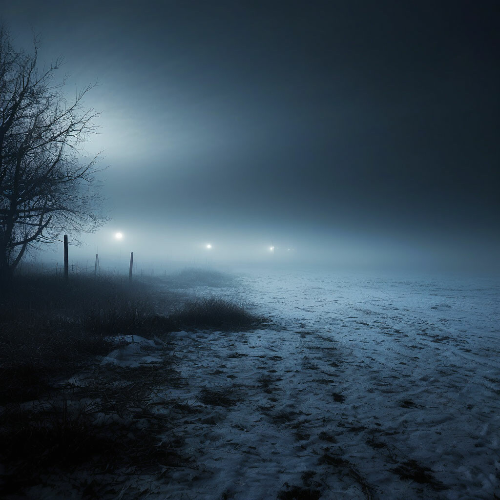 "Night fog snowfield cold frost, ghosts in the distance, horror horror ...