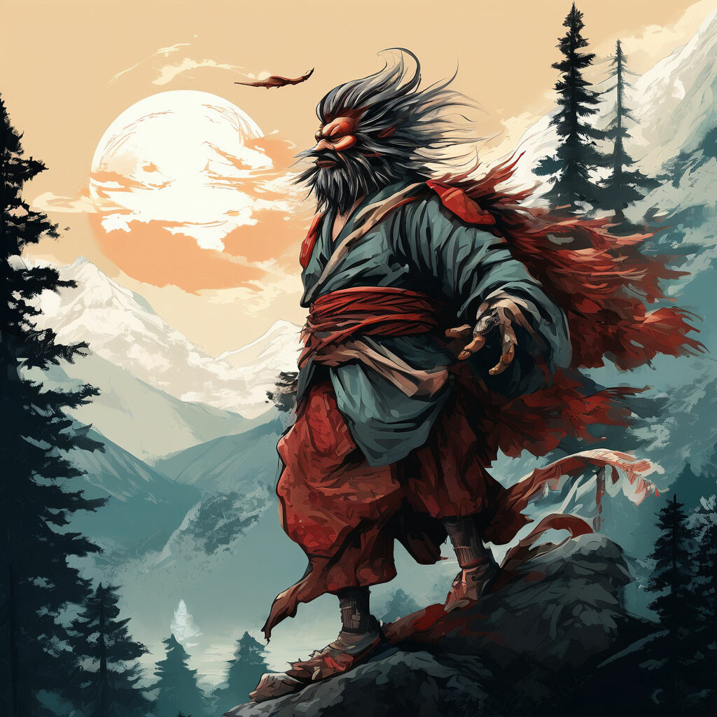 "Tengu on the background of mountains and coniferous trees" — image ...