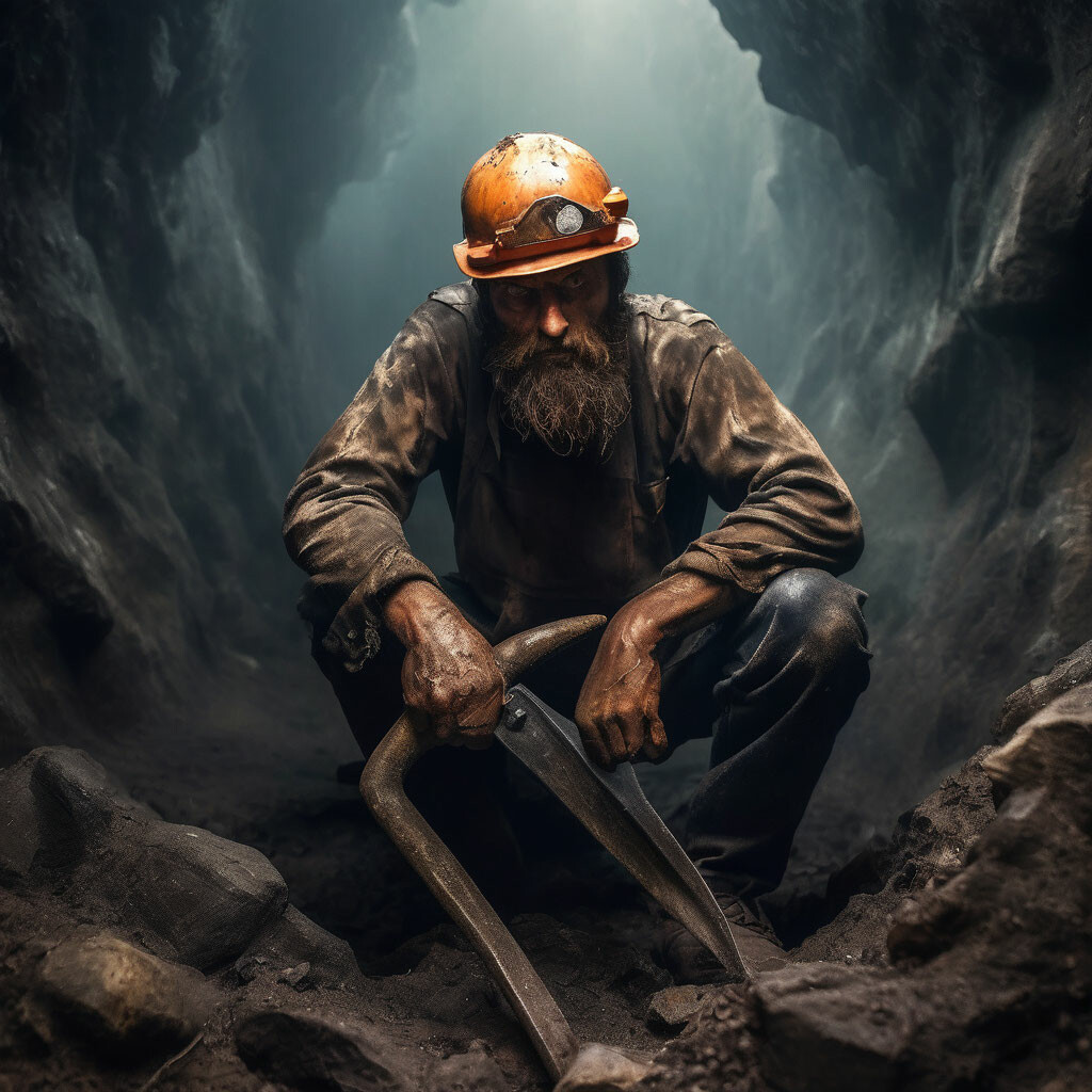 "A dirty miner digs with a pickaxe in the mine" — image created in ...