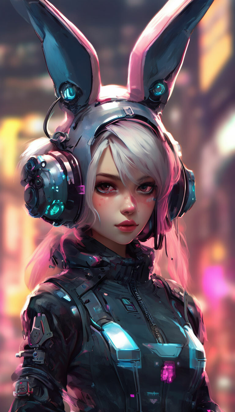 "Cyberpunk bunny girl, cute, lots of details" — image created in Shedevrum