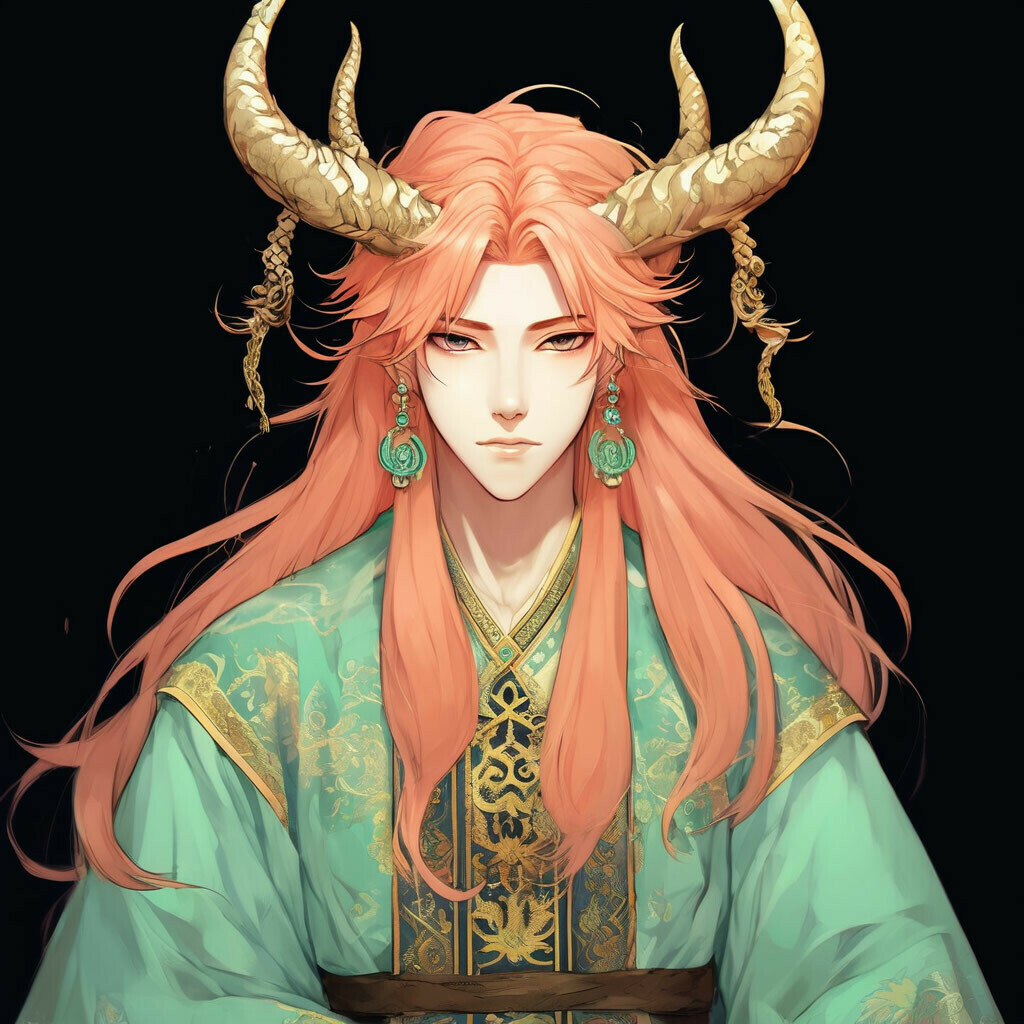 "2d art, 2d anime, guy, dragon horns, peach long hair, mint hanfu with ...