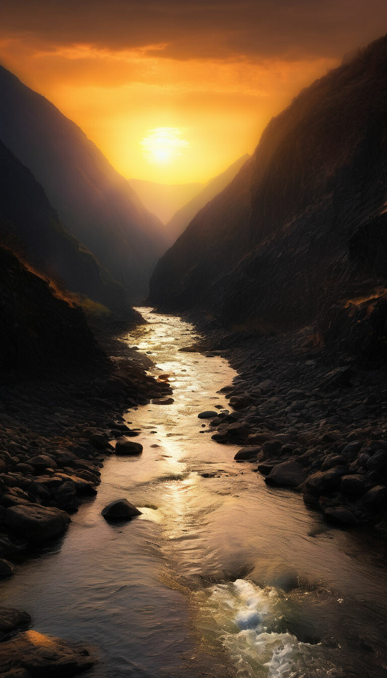 "A narrow winding golden river flows among the black mountains and ...