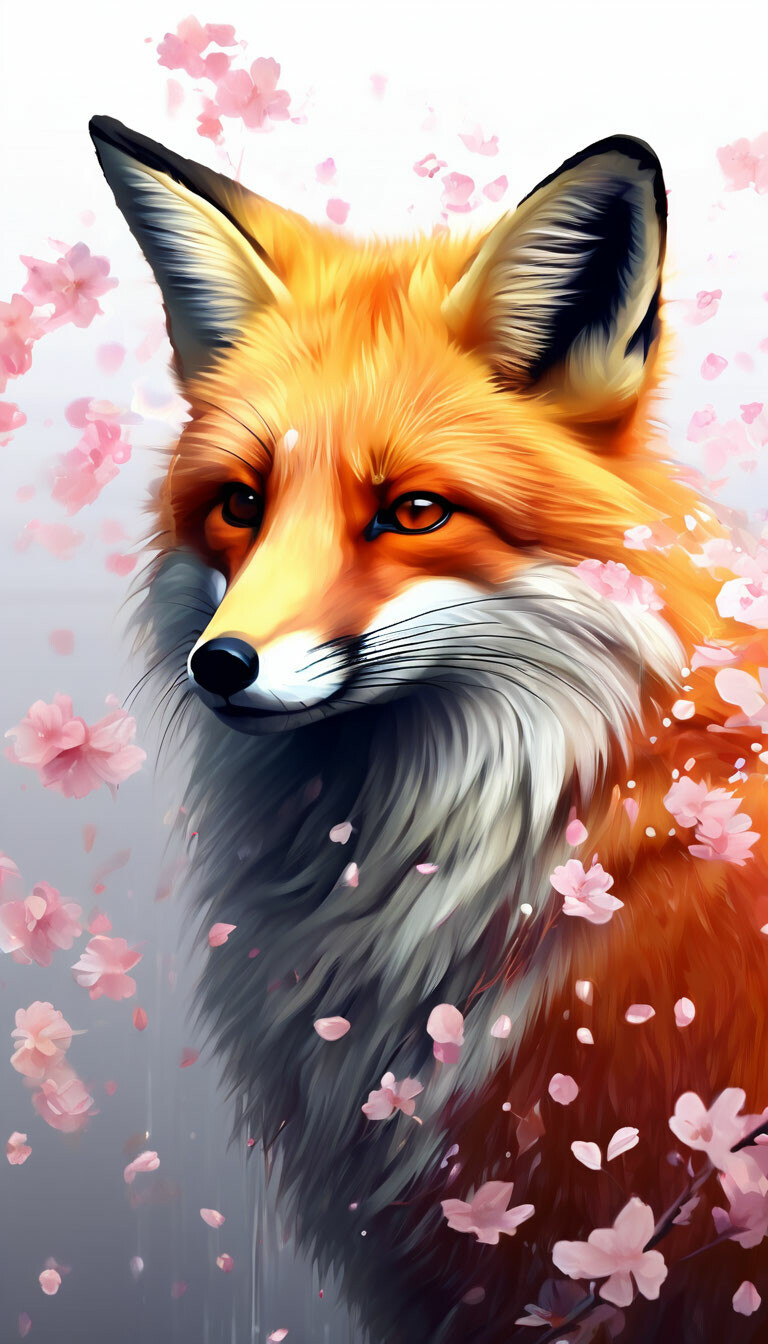 ". 2d fractal waterfall composition, shiny fox + sakura petals ...