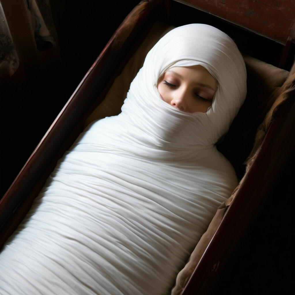 "Striped sock woman encased as tightly squeezing cocoon, head full ...