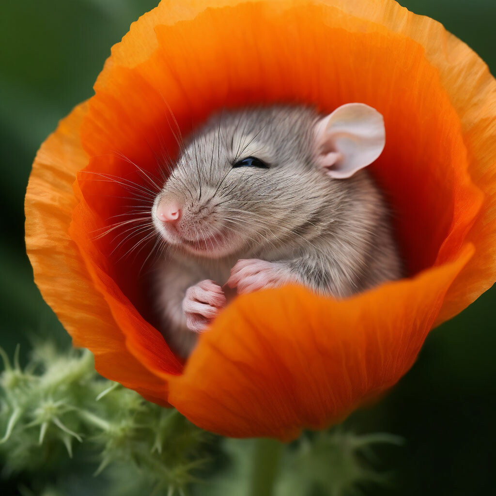 "The mouse sleeps in a poppy flower …" — image created in Shedevrum