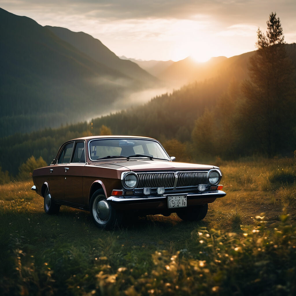 "Volga Gaz 24 in the Altai mountains, early morning, dawn, fog, summer ...