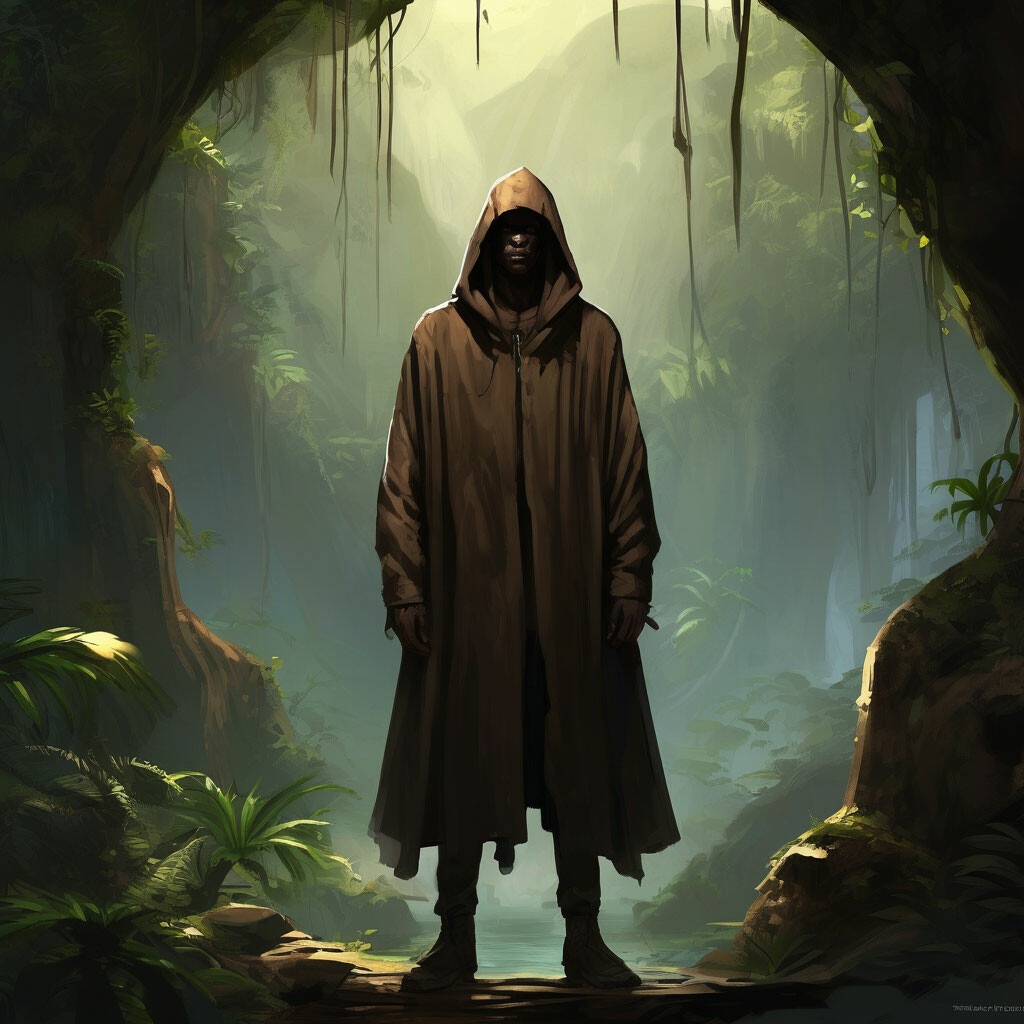 "A tall dark-skinned man, standing in …" — image created in Shedevrum