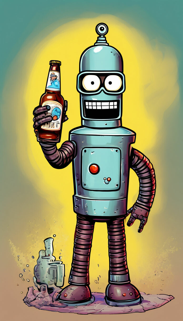 "Bender with a bottle of Futurama beer…" — image created in Shedevrum