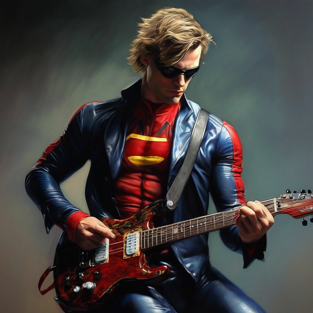 "Superhero rocker realism" — image created in Shedevrum