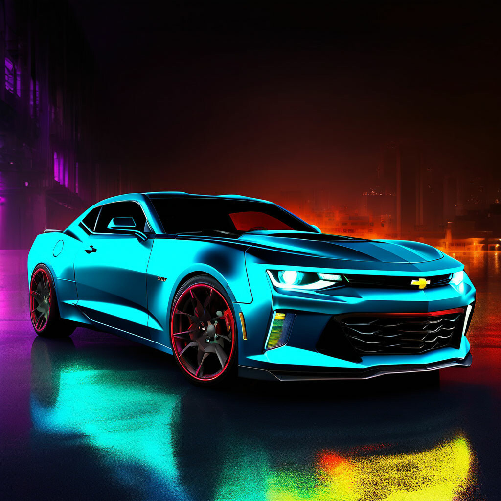 "Neon Chevrolet camaro car" — image created in Shedevrum