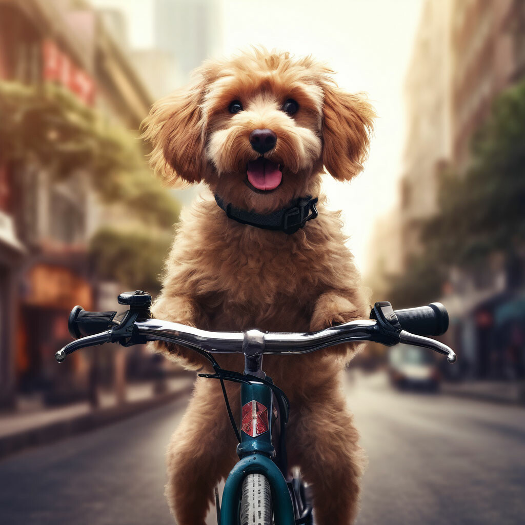 "Dog riding a bike in the city, …" — image created in Shedevrum