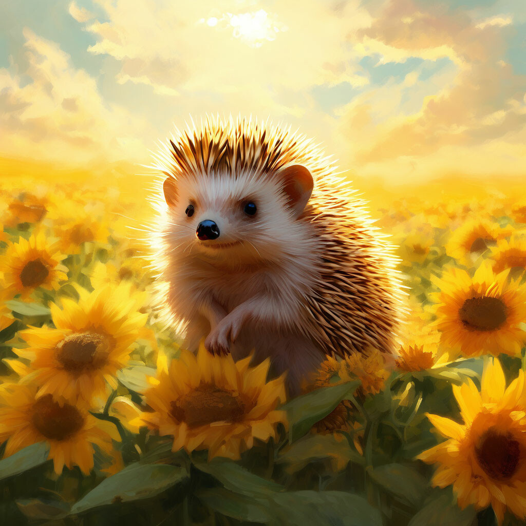 "July Hedgehog in a sunflower deep …" — image created in Shedevrum