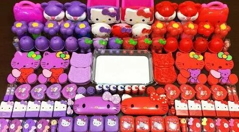 RED vs Purple Hello Kitty Slime! Mixing Random Things into Glossy Slime ...