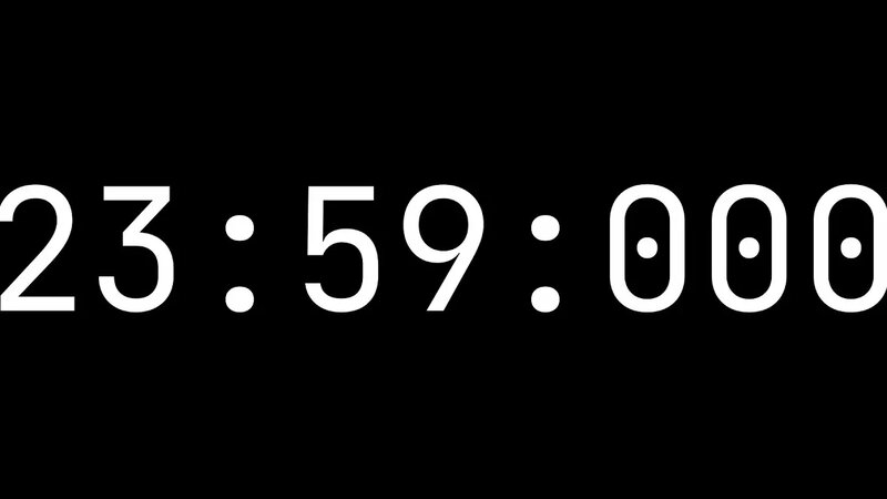 Countdown timer 23 minutes, 59 seconds [23:59:000] - White on black ...