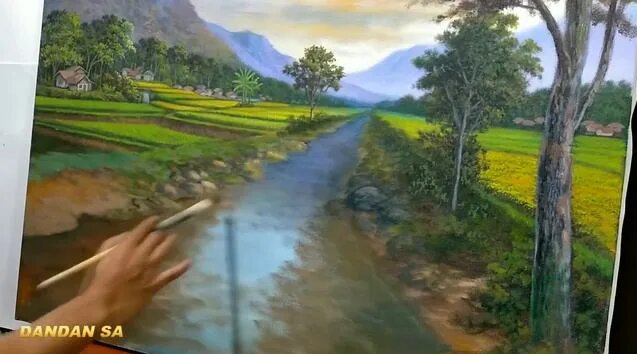 Cara menggambar - melukis pemandangan alam indah / how to draw ...