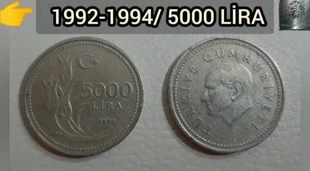 Eski Madeni 5000 Lira Hatalı Basım 1992-1994 Yıllarına Ait Türk Parası ...