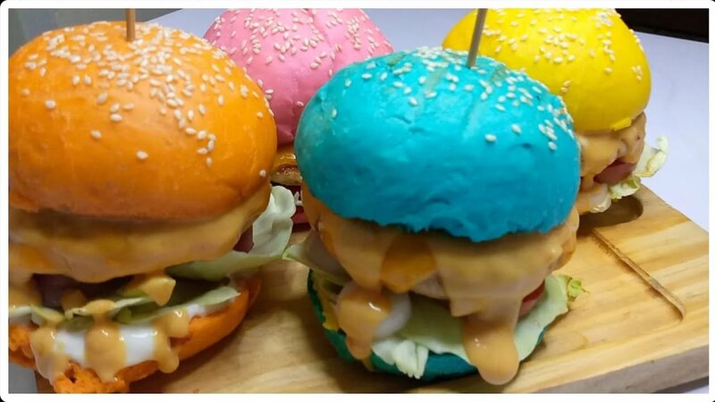 #rainbow burgers recipe|| Coloured burgers|| how to make burger buns at ...