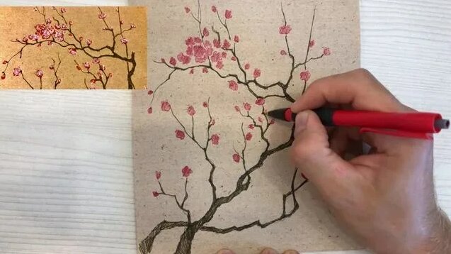 Как нарисовать цветущую сакуру. How to draw a sakura branch (cherry ...
