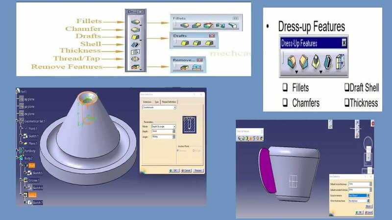 Catia v5 Dress-Up features, Fillet, Chamfer, Shell, Draft, Remove Face ...