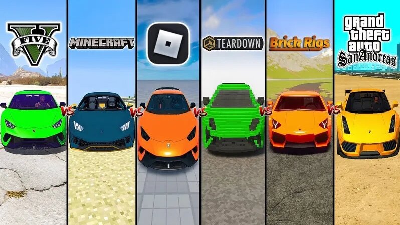 Автомобиль GTA 5 Lamborghini Против Minecraft, Roblox, Teardown, Brick ...