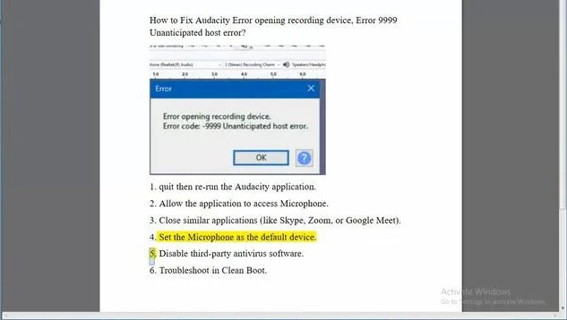 Fix Audacity Error opening recording device, Error 9999 Unanticipated host error on Windows ...
