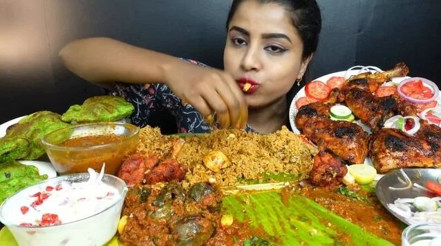 ASMR Eating Spicy BBQ Chicken Dum Biryani, Egg Curry, Leg Piece ...