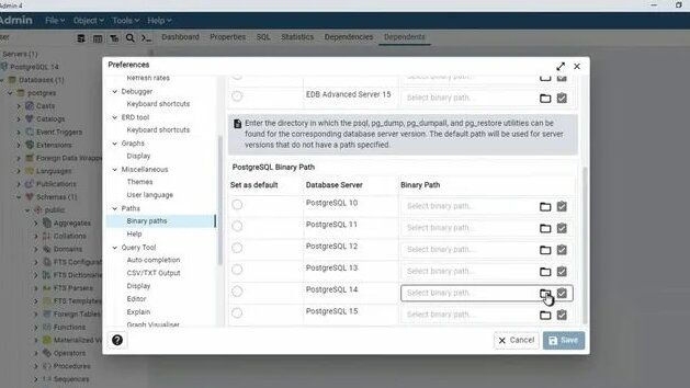 PostgreSQL: pgAdmin: Error Fixed: "Utility file not found. Please correct the Binary Path ...