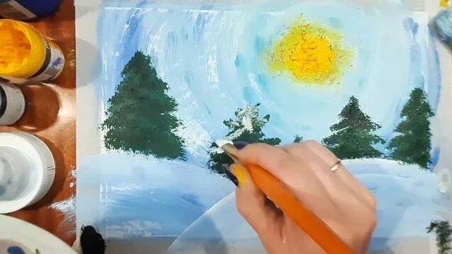 Как нарисовать лес зимой красками гуашь Правополушарное рисование зимний лес Смотреть