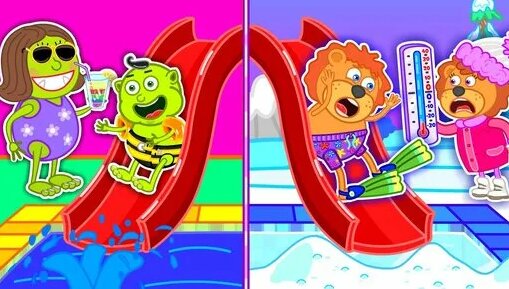 Lion Family | Leo and Baby, Play Safe with Water Slide! | Cartoon for ...