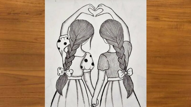 How to Draw Two Sisters Making a Heart with Their Hands || Pencil ...