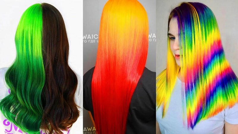Rainbow Neon Hair Color. Best Haircut and Colorful Transformation ...