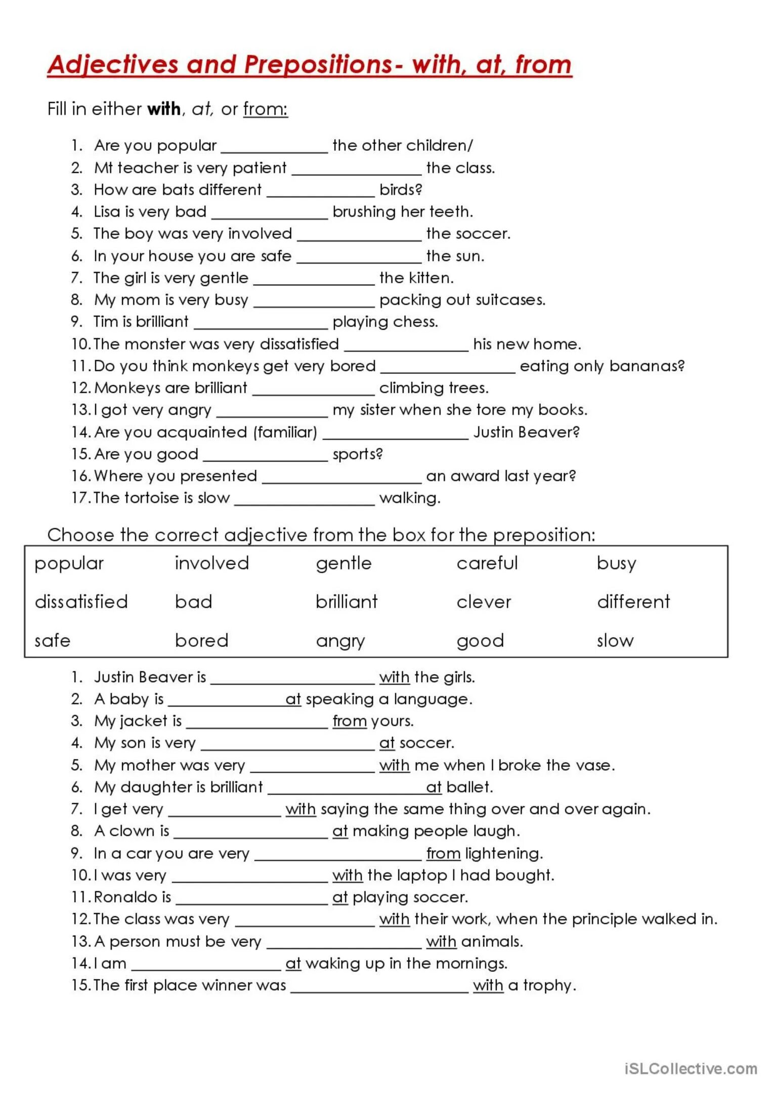 Adjectives verbs prepositions