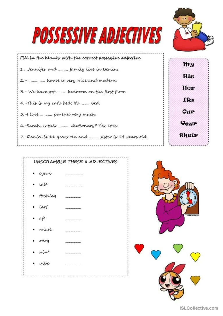 Possessive adjectives worksheet for kids